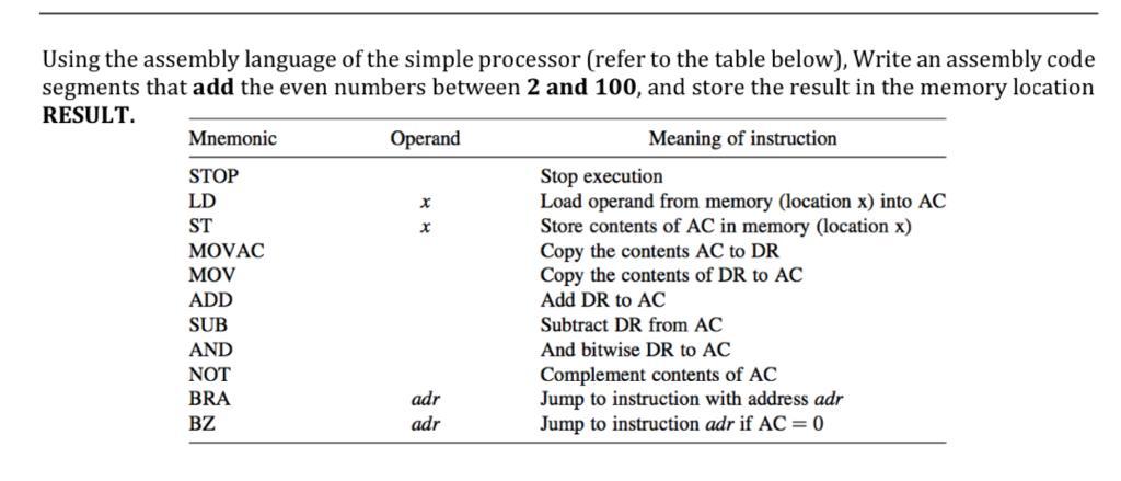 Using the assembly language of the simple processor | Chegg.com