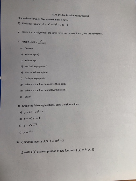 Solved MAT-141 Pre-Calculus Review Project Please show all | Chegg.com