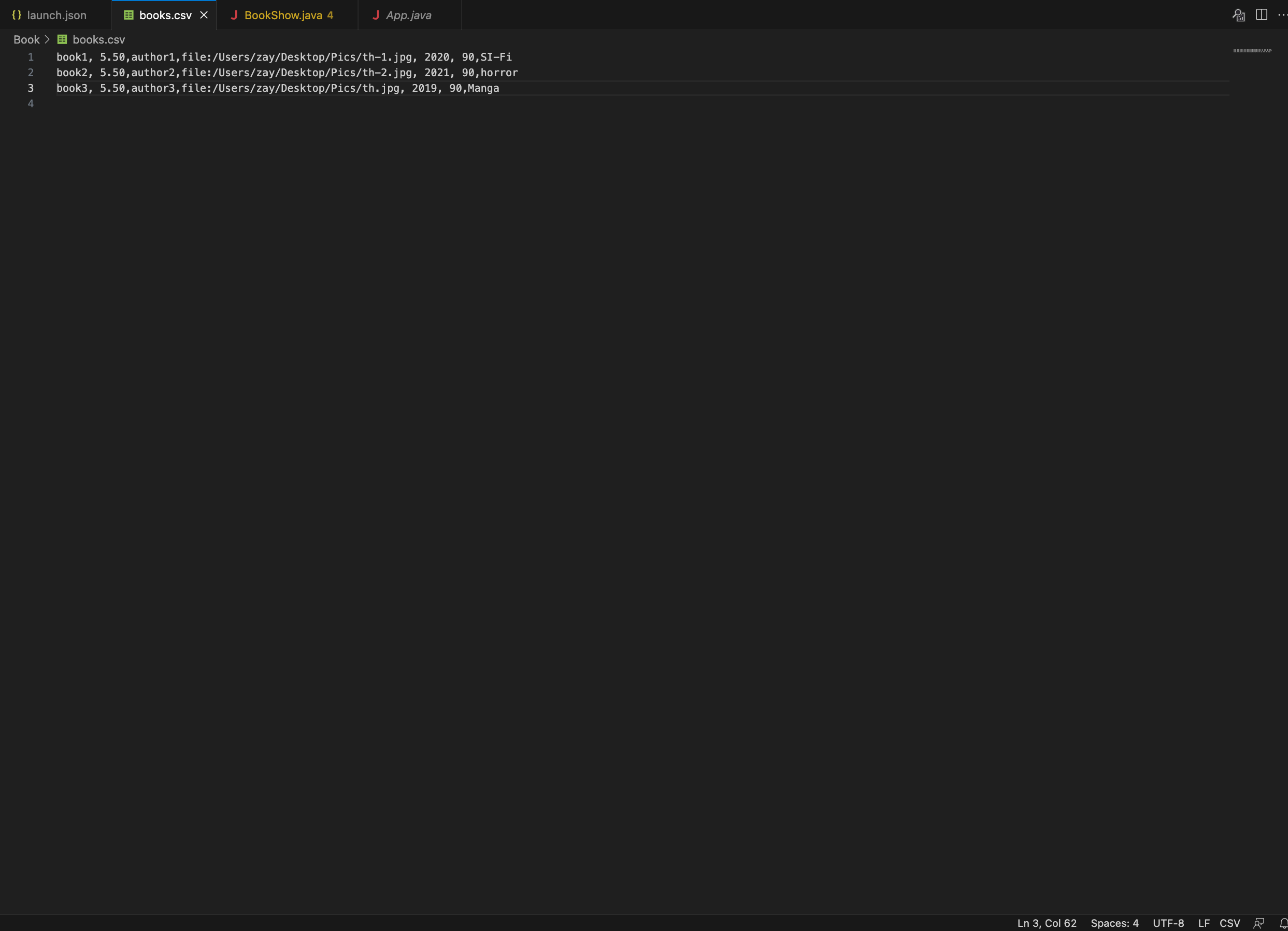 Solved ch.json books.csv J BookShow.java 4× J App.java src > | Chegg.com