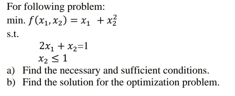 Solved For following problem: min. f(x1, x2) = x1 + xź s.t. | Chegg.com
