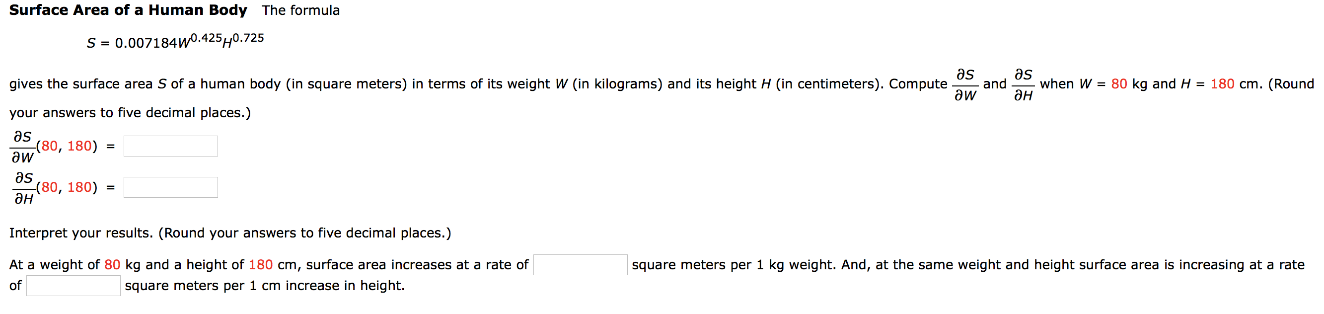 Solved Surface Area of a Human Body The formula S = | Chegg.com
