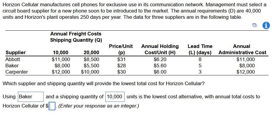 Solved Horizon Cellular manufactures cell phones for | Chegg.com