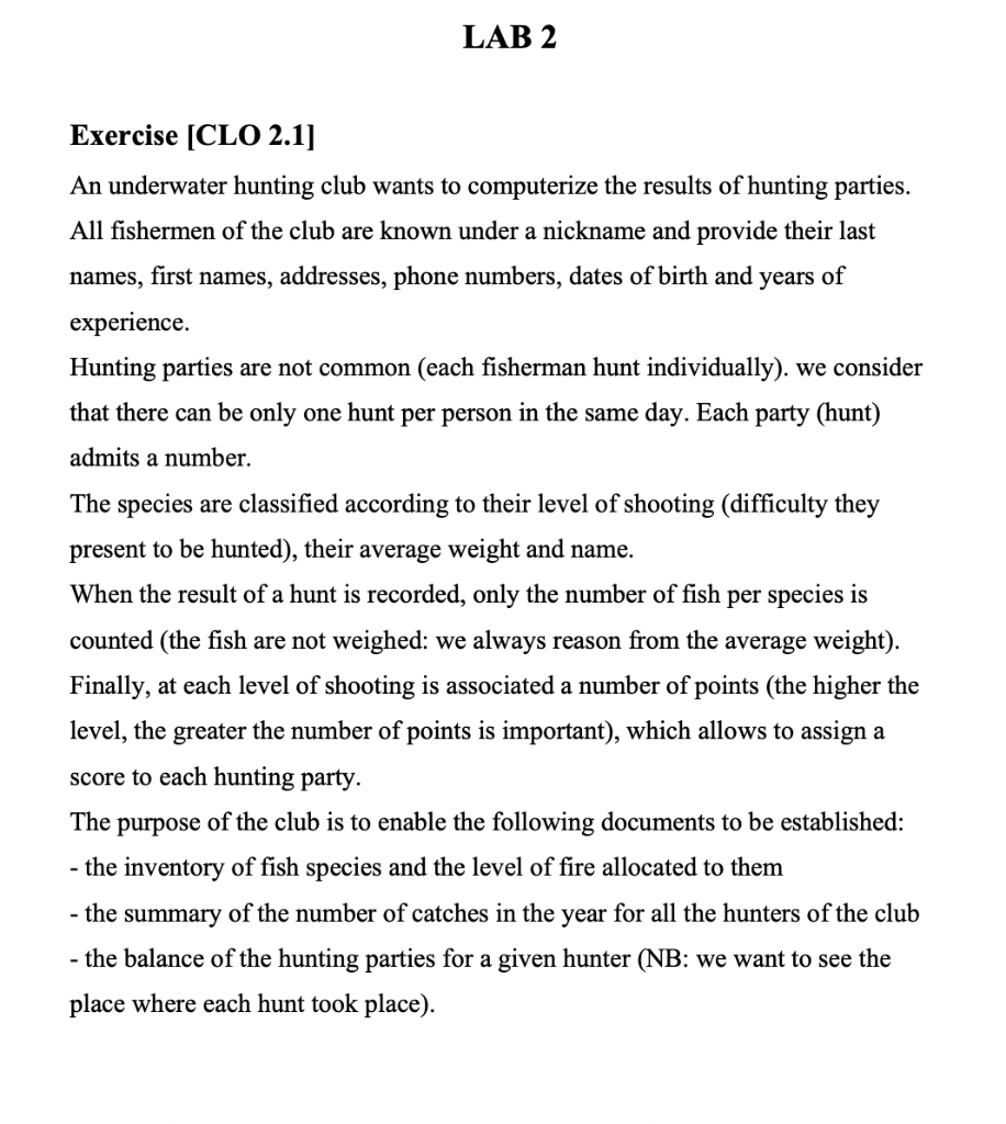Solved LAB 2 Exercise [CLO 2.1] An underwater hunting club | Chegg.com