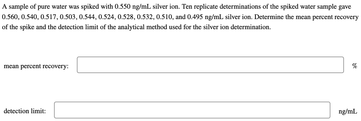 Solved A sample of pure water was spiked with 0.550ng/mL | Chegg.com