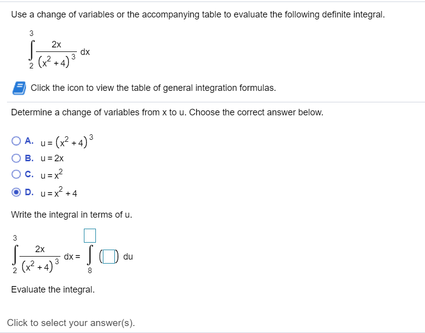 Solved Use a change of variables or the accompanying table | Chegg.com