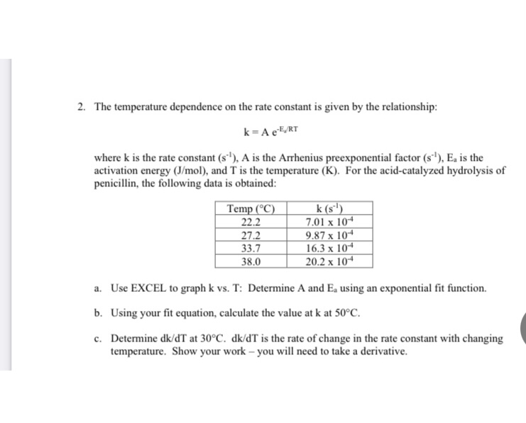 Solved 2. The temperature dependence on the rate constant is | Chegg.com