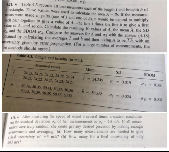 Solved 421. Table 4.3 records 10 measurements each of the | Chegg.com