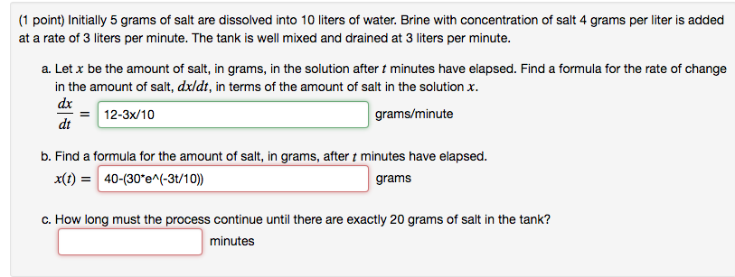Solved 1 point)Initially 5 grams of salt are dissolved into | Chegg.com