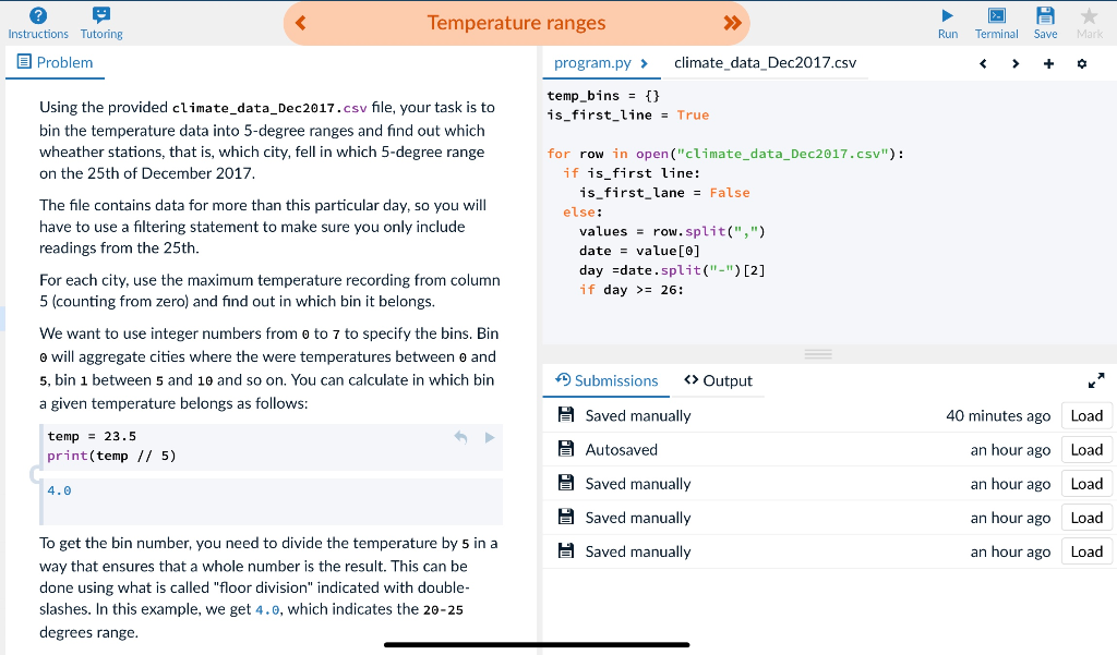 Solved Temperature ranges Run Terminal Save Mark | Chegg.com