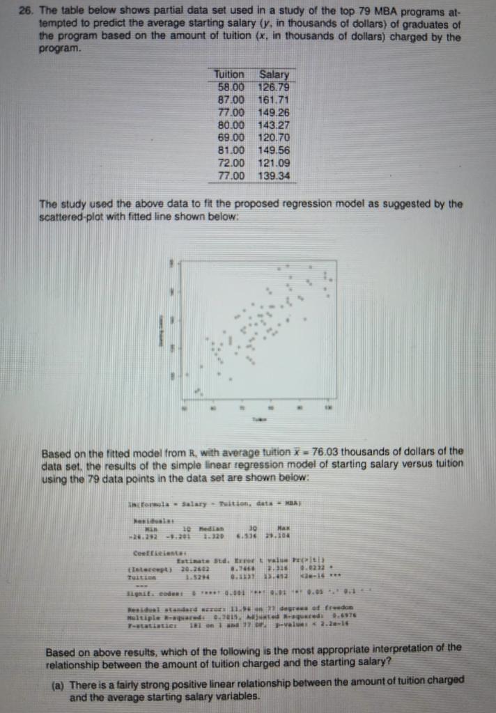 Solved 26. The table below shows partial data set used in a | Chegg.com