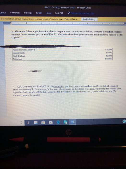 Solved ACC211CH11A (1) (Protected View) -Microsoft Office | Chegg.com
