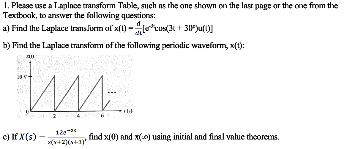 Solved 1. Please use a Laplace transform Table, such as the | Chegg.com