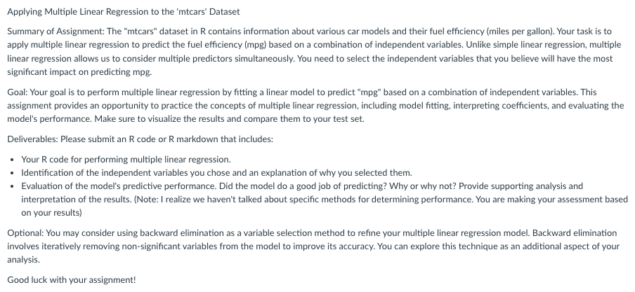 Solved Applying Multiple Linear Regression to the 'mtcars' | Chegg.com