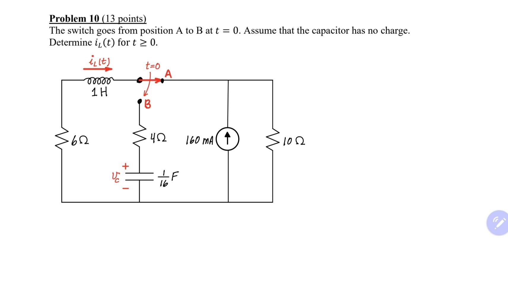 Solved Problem 10 (13 points) The switch goes from position | Chegg.com