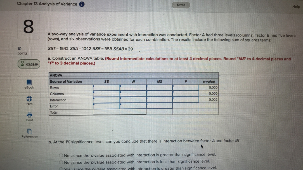 Solved Chapter 13 Analysis of Variance Saved Help A two-way | Chegg.com