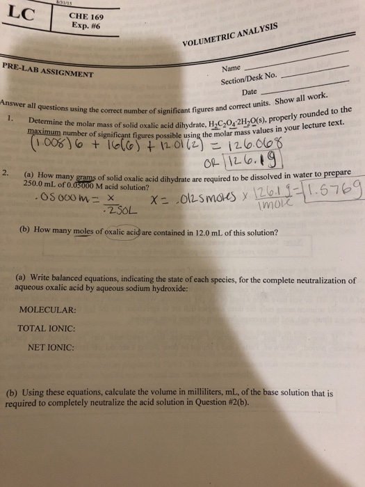 Solved Exp. #6 VOLUMETRIC ANALYSIS PRE-LAB ASSIGNMENT Name | Chegg.com