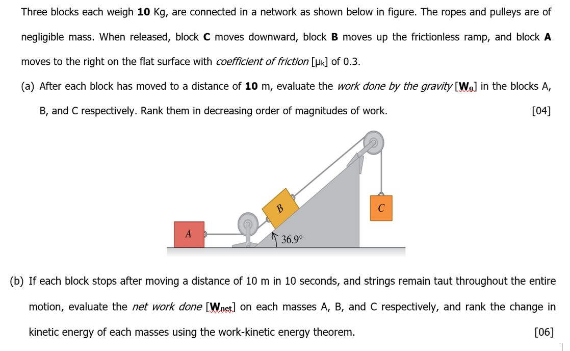 Solved Three blocks each weigh 10Kg, are connected in a | Chegg.com
