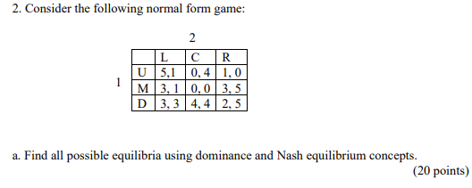 Solved 2. Consider the following normal form game: a. Find | Chegg.com