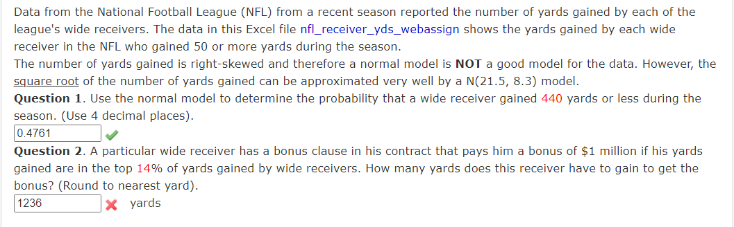 Solved Data from the National Football League (NFL) from a | Chegg.com