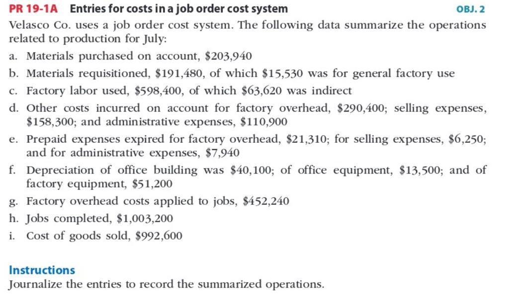Solved PR 19-1A Entries for costs in a job order cost system | Chegg.com