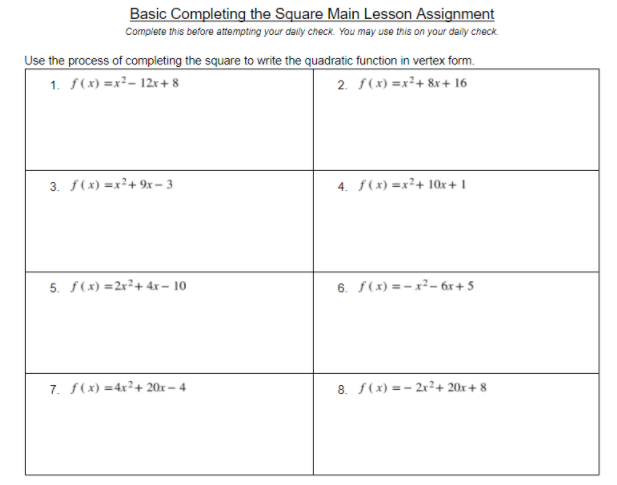 Solved Basic Completing the Square Main Lesson Assignment | Chegg.com