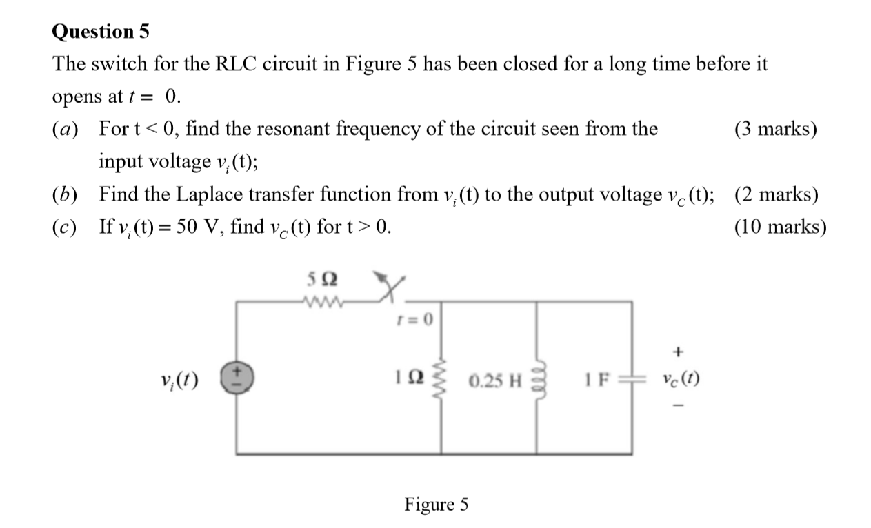 Solved Question 5 The switch for the RLC circuit in Figure 5 | Chegg.com