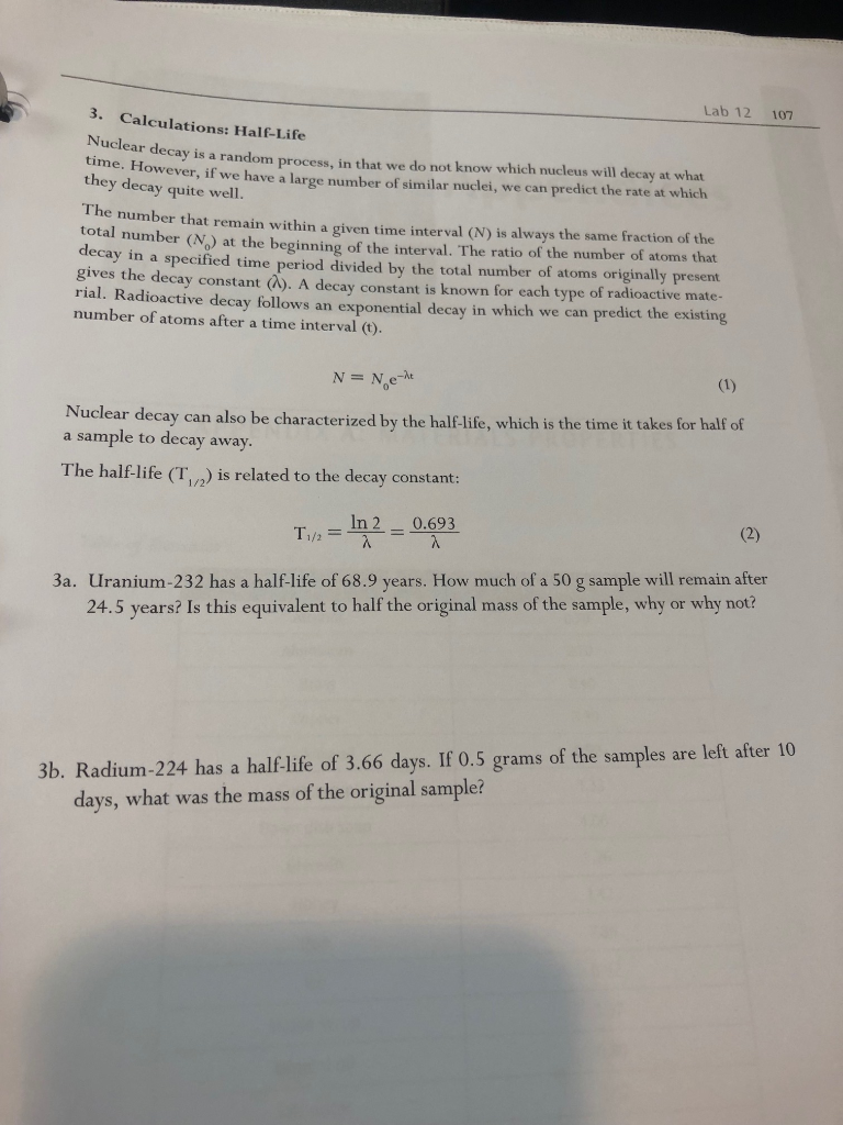 Solved Lab 12 107 3. Calculations: Half-Life Nuclear decay | Chegg.com