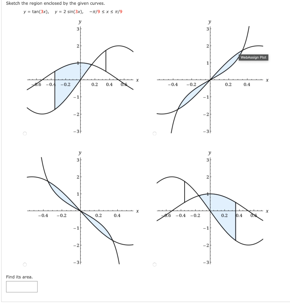 Solved y=tan(3x),y=2sin(3x),−π/9≤x≤π/9 | Chegg.com