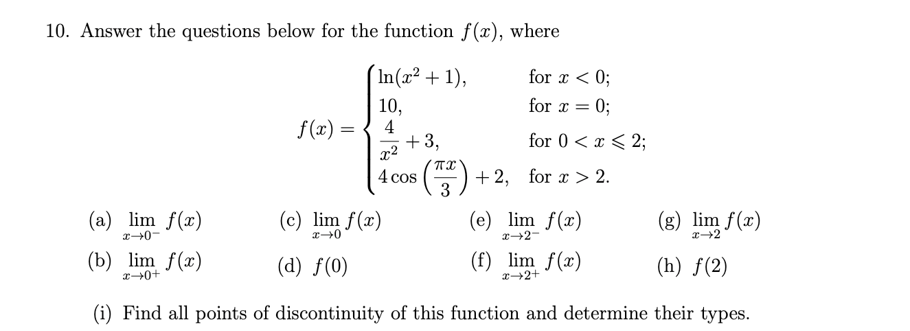 Solved 10. Answer the questions below for the function f(x), | Chegg.com