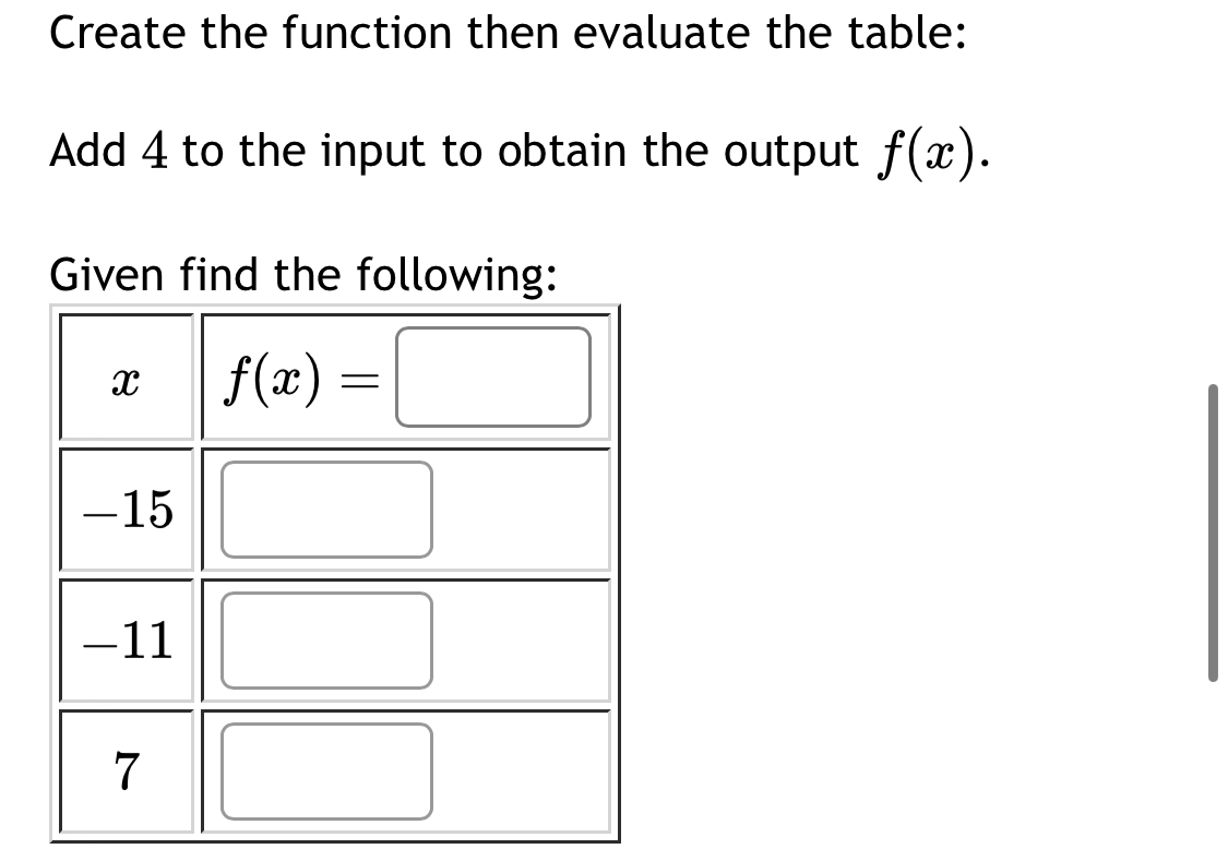 Solved Create the function then evaluate the table: Add 4 to | Chegg.com