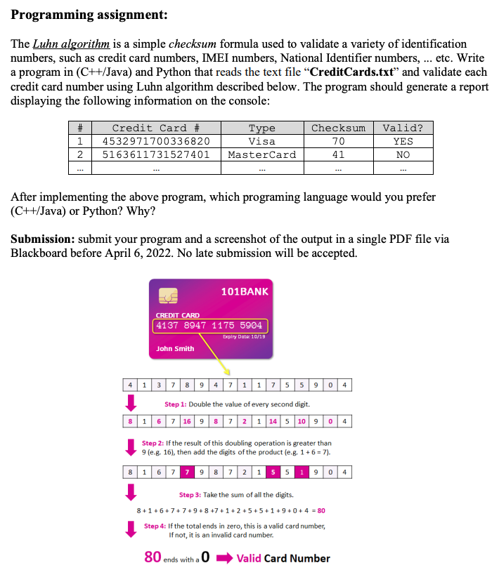 Solved Programming Assignment The Luhn Algorithm Is A 