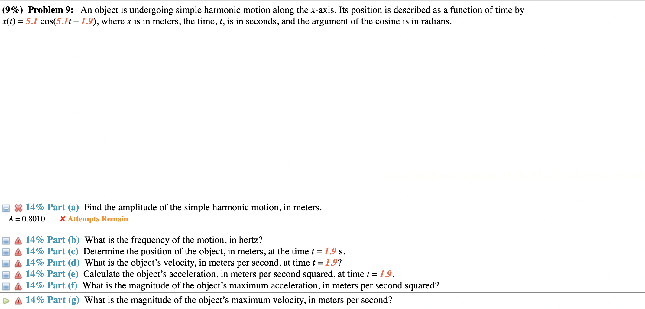Solved (9\%) Problem 9: An object is undergoing simple | Chegg.com