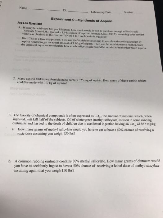 Solved Name TA- Laboratory Date Section Experiment | Chegg.com