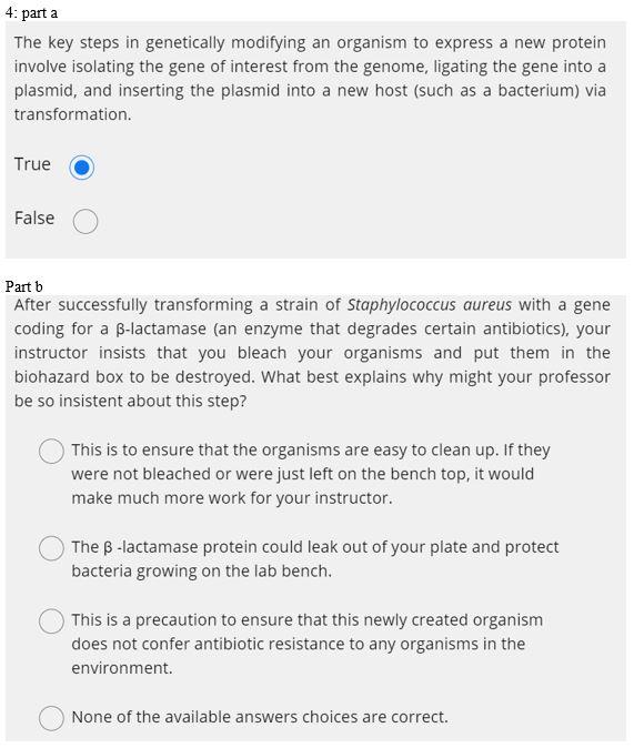 Solved 4: part a The key steps in genetically modifying an | Chegg.com