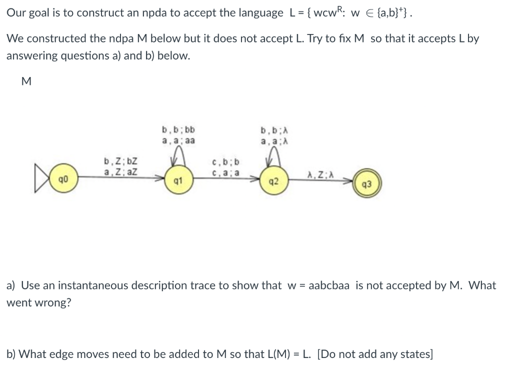Solved Our goal is to construct an npda to accept the | Chegg.com