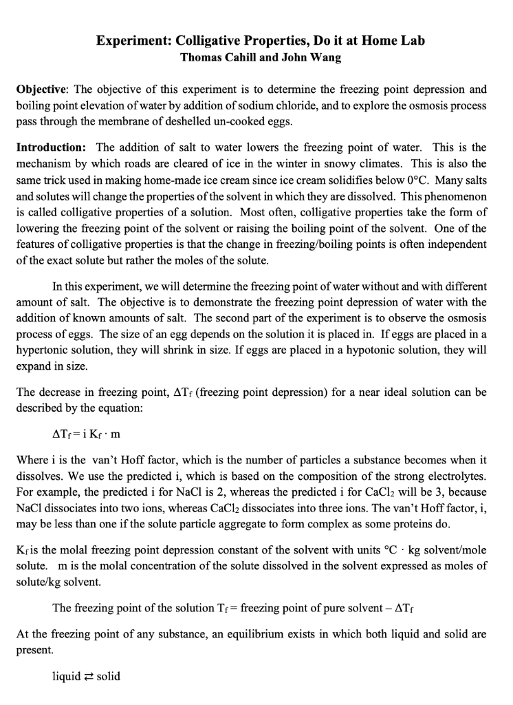 Solved Experiment: Colligative Properties, Do it at Home Lab | Chegg.com