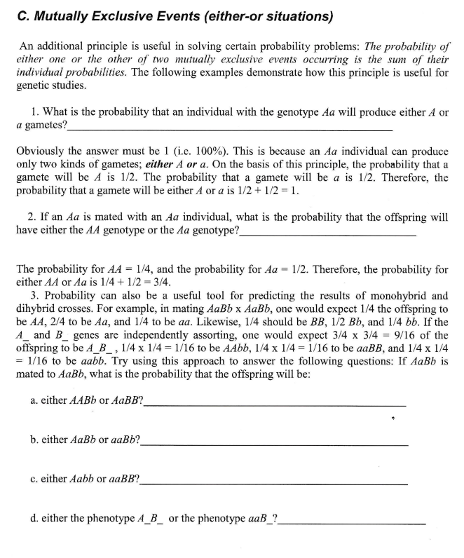 Solved C. Mutually Exclusive Events (either-or situations) | Chegg.com