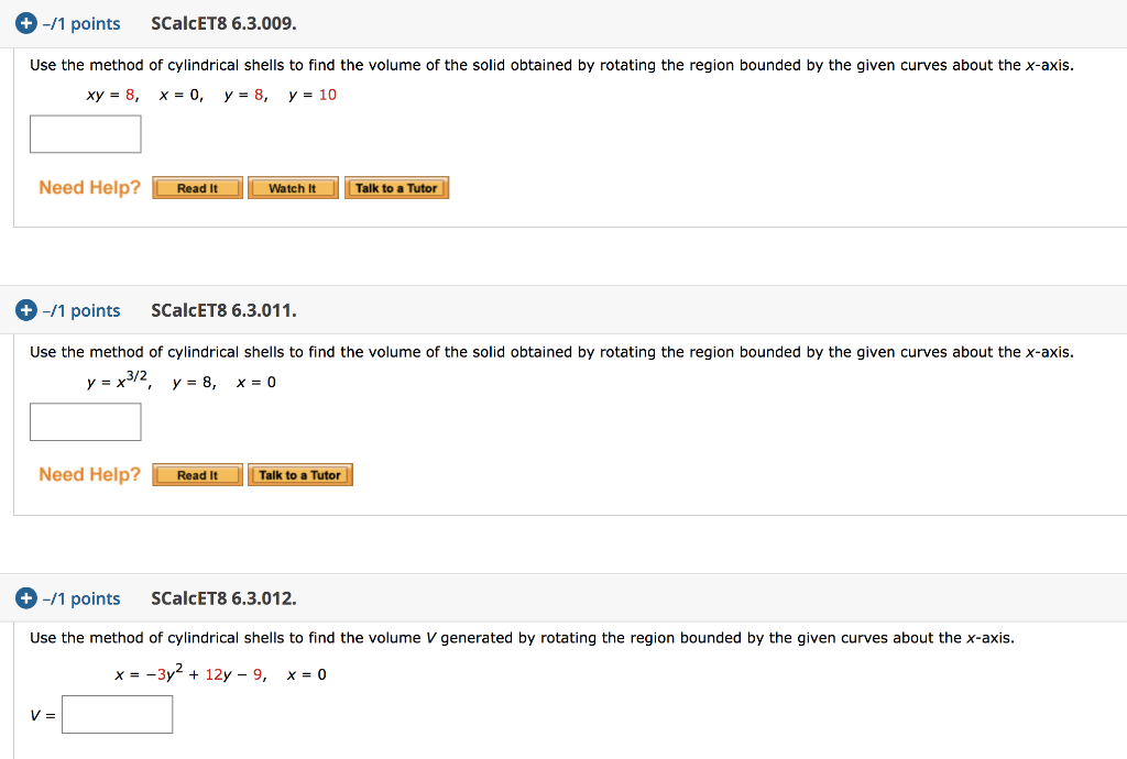 Solved +-/1 points SCalcET8 6.3.009. Use the method of | Chegg.com