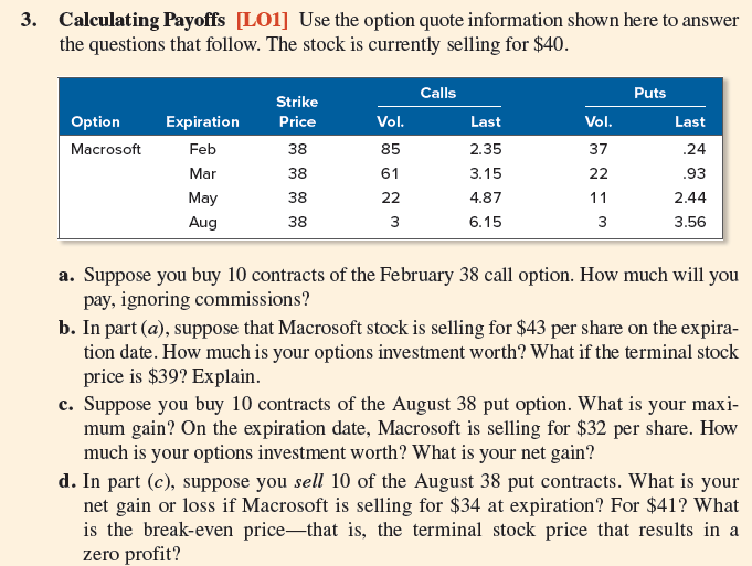 Solved Calculating Payoffs [LO1] Use the option quote | Chegg.com