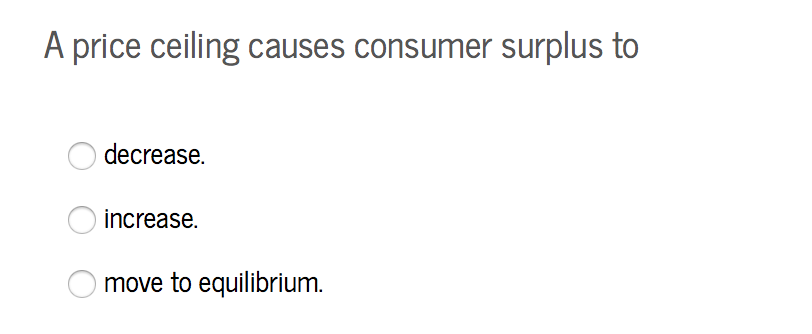 Solved A price ceiling causes consumer surplus to decrease | Chegg.com