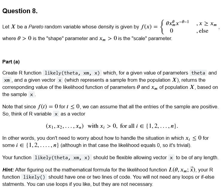 Solved Question 8. Let X be a Pareto random variable whose | Chegg.com