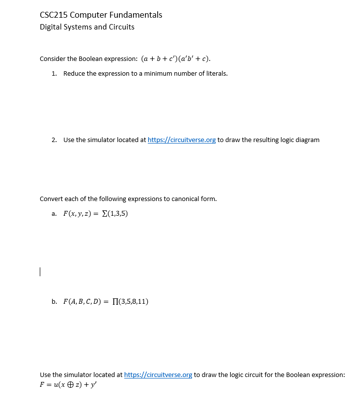 Solved CSC215 Computer Fundamentals Digital Systems and | Chegg.com