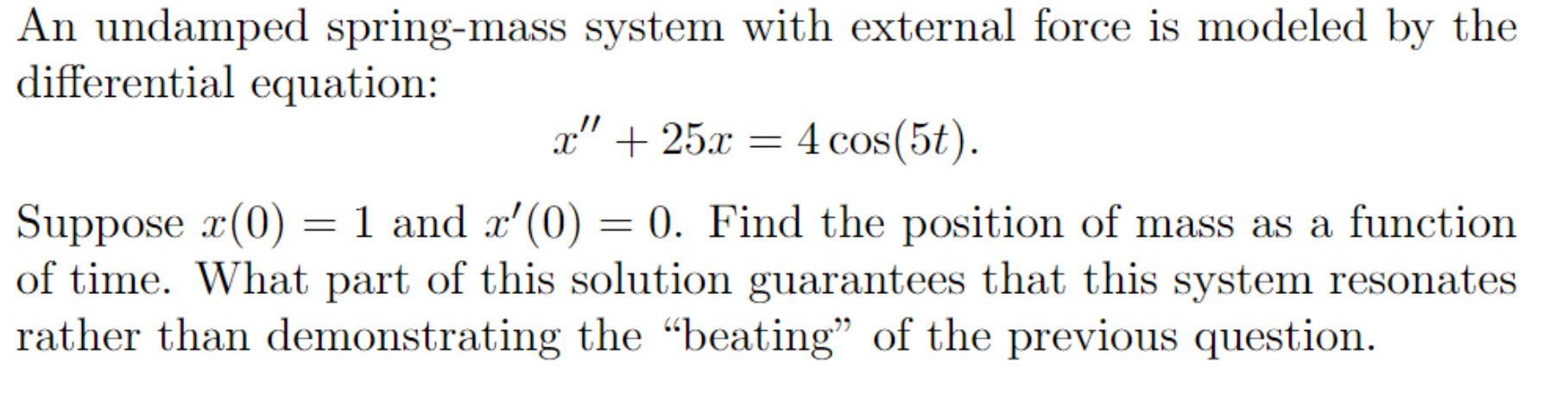 Solved An undamped spring-mass system with external force is | Chegg.com