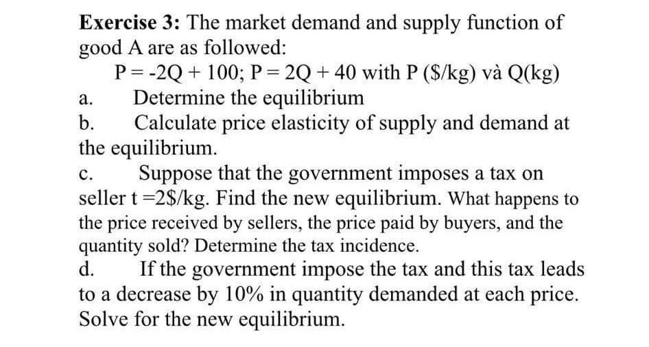 Solved Exercise 3: The market demand and supply function of | Chegg.com
