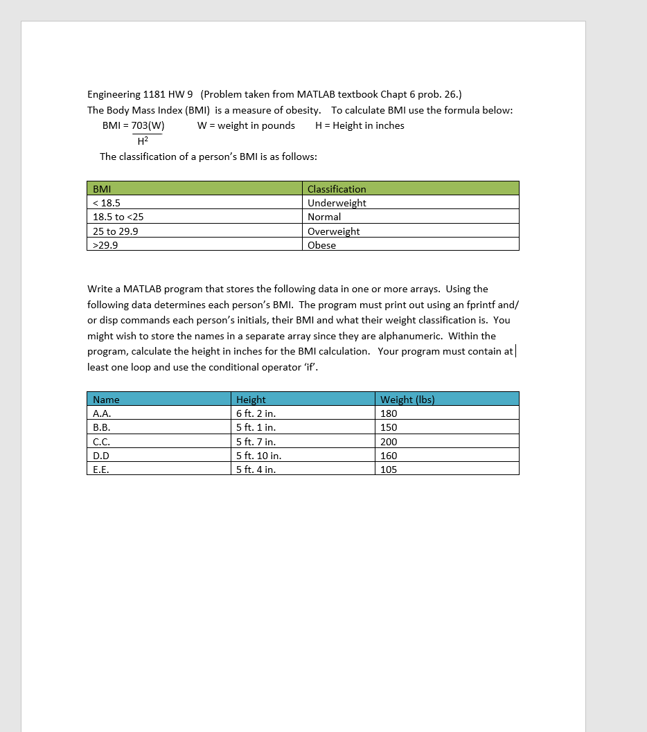 Solved Engineering 1181 HW 9 (Problem taken from MATLAB | Chegg.com