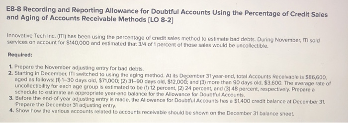 Solved E8-8 Recording and Reporting Allowance for Doubtful | Chegg.com