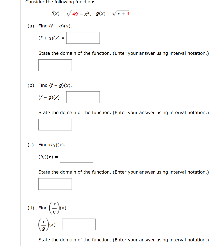 Solved Consider the following functions. f(x) = 49 – x2, | Chegg.com