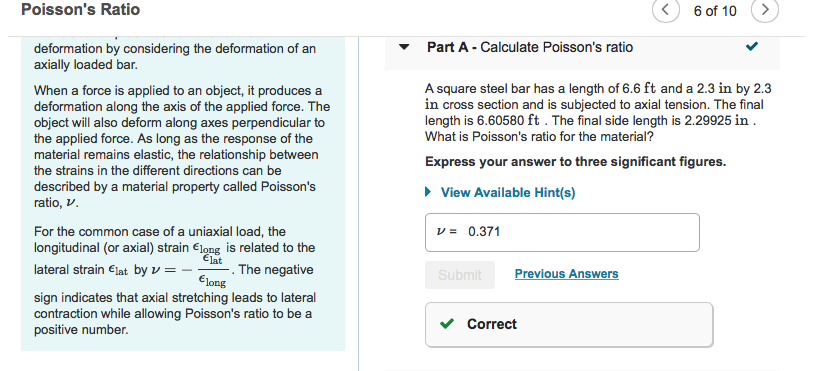 Solved Poisson's Ratio 6 of 10 > Part A -Calculate Poisson's | Chegg.com