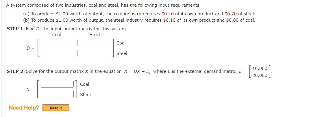 Solved An industrial system has two industries with the | Chegg.com