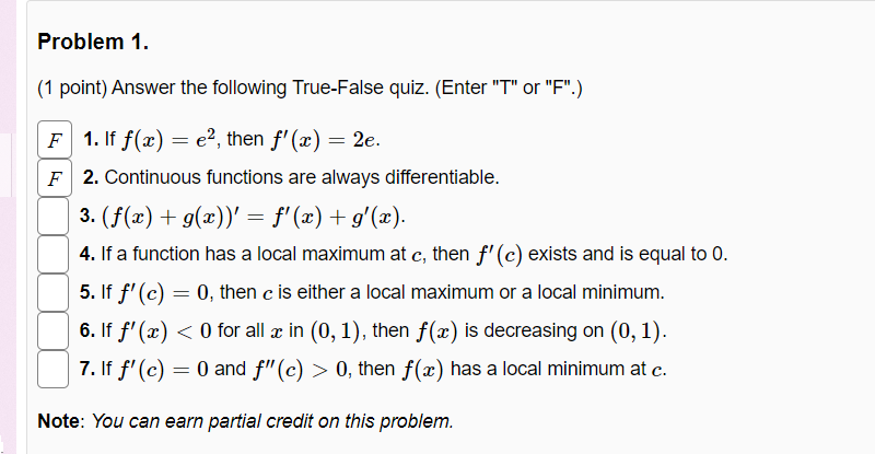 Solved Problem 1. (1 point) Answer the following True-False | Chegg.com